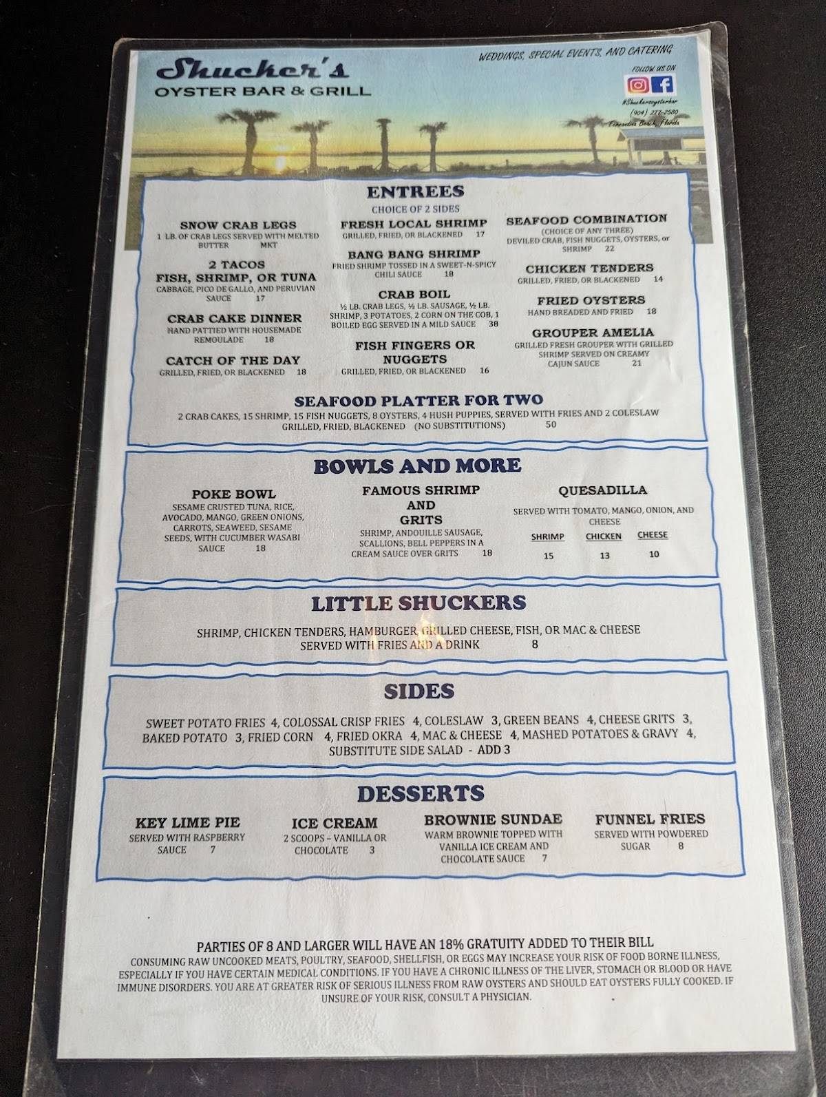 Menu at Shucker's Oyster Bar & Grill, Jacksonville, Wade's Pl