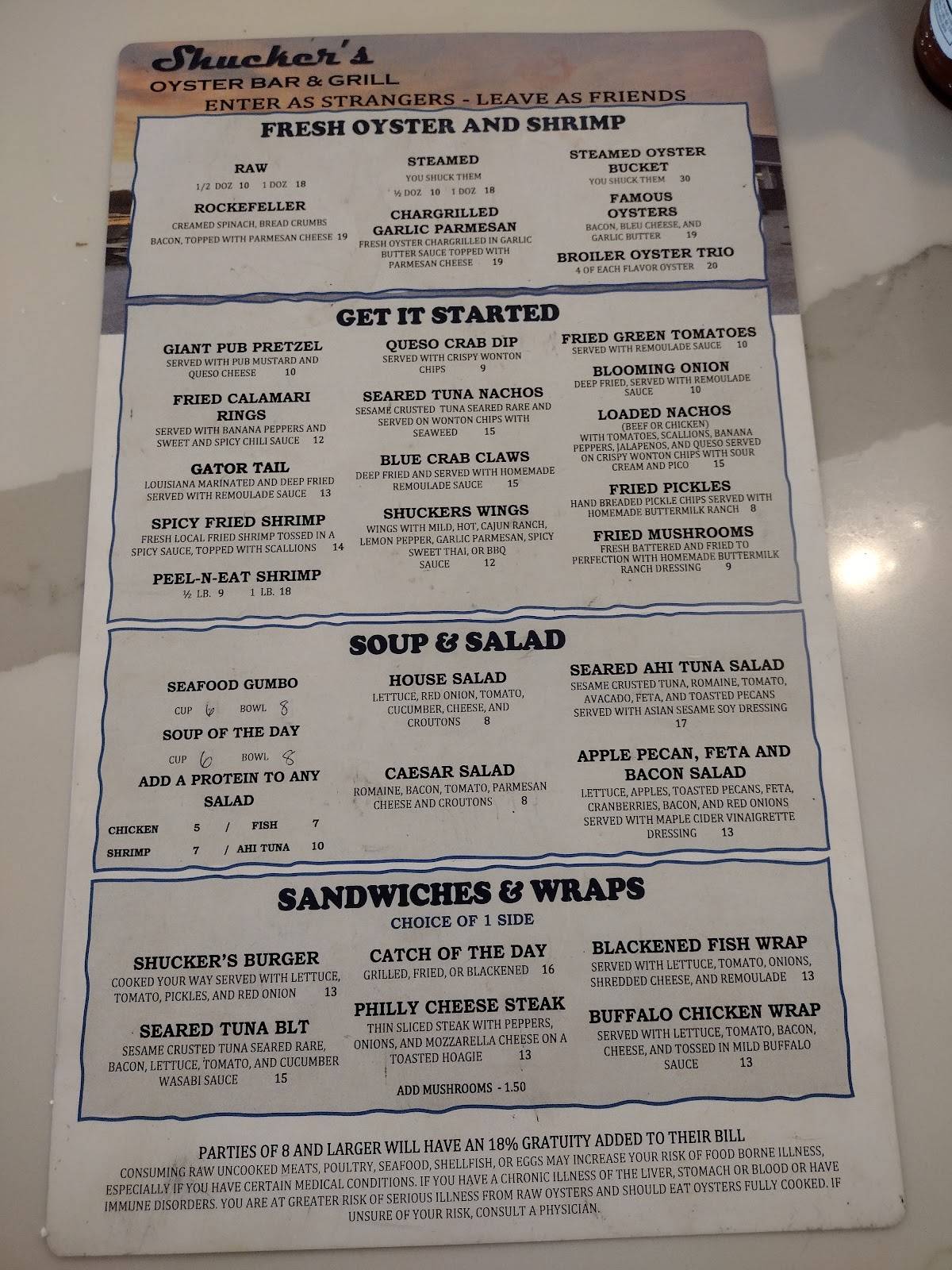Menu at Shucker's Oyster Bar & Grill, Jacksonville, Wade's Pl