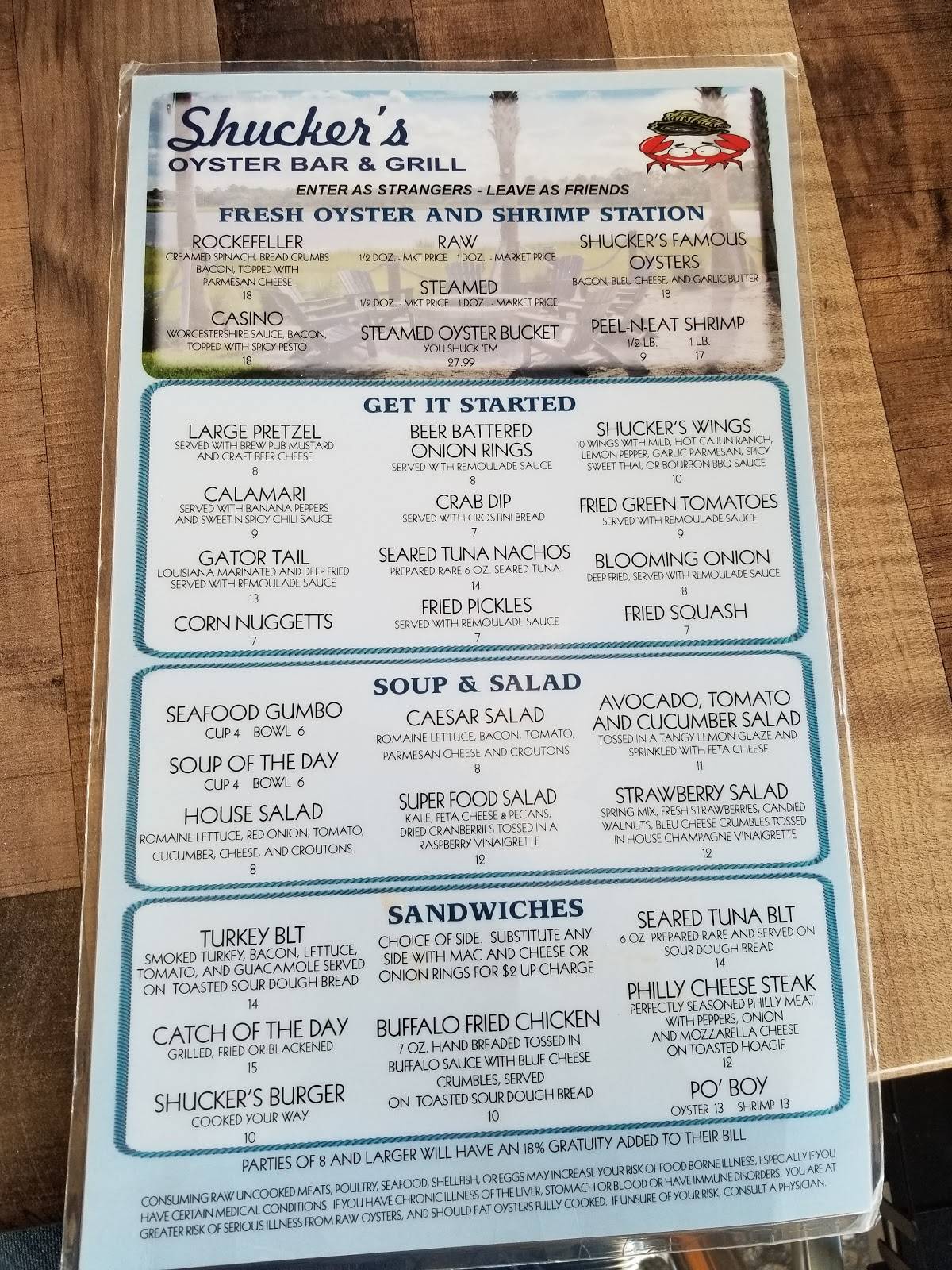 Menu at Shucker's Oyster Bar & Grill, Jacksonville, Wade's Pl