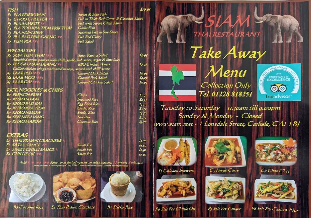 Menu at Siam Thai Restaurant, Carlisle