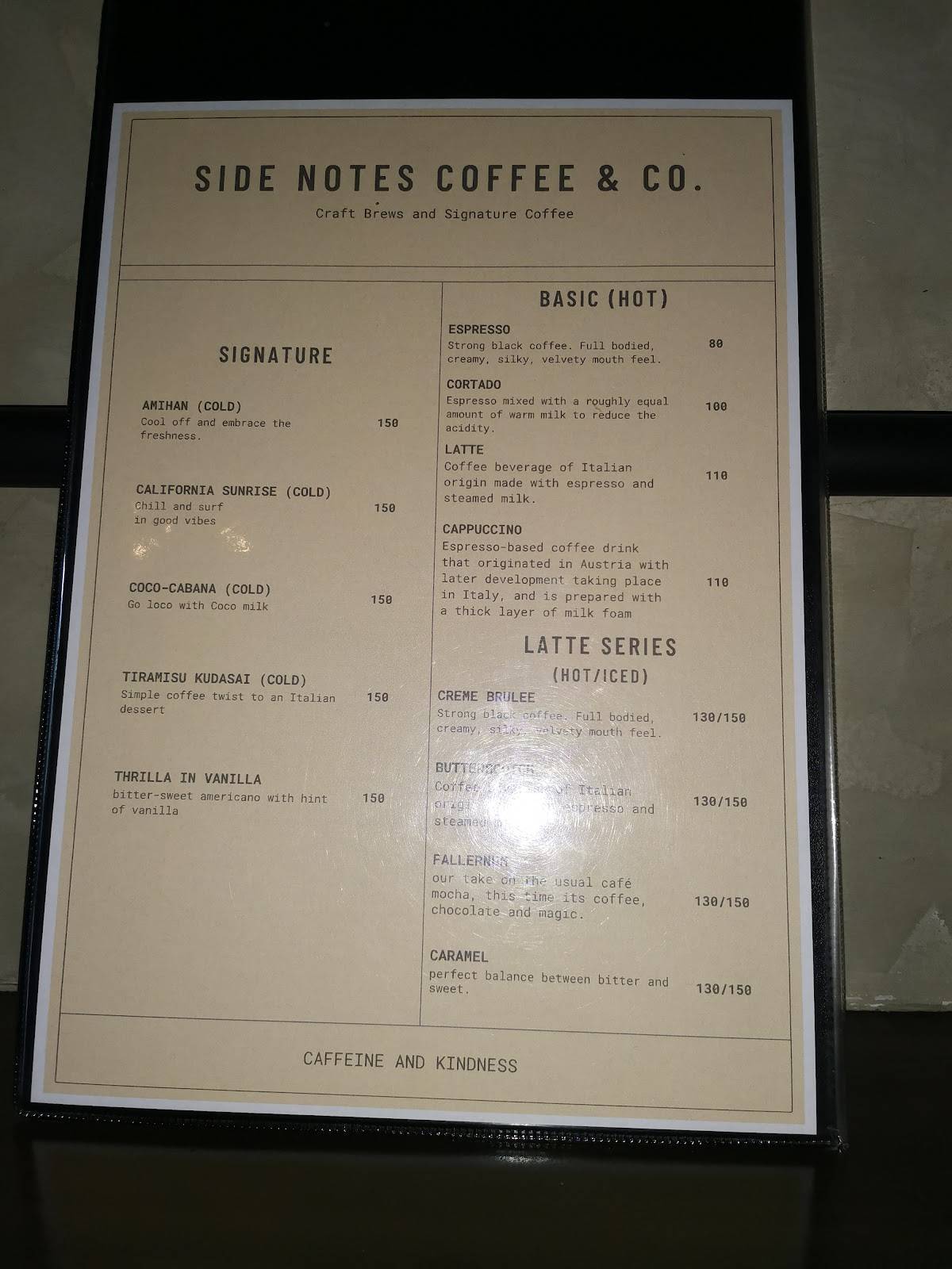 Menu at Side Notes Coffee & Co. cafe, General Santos City