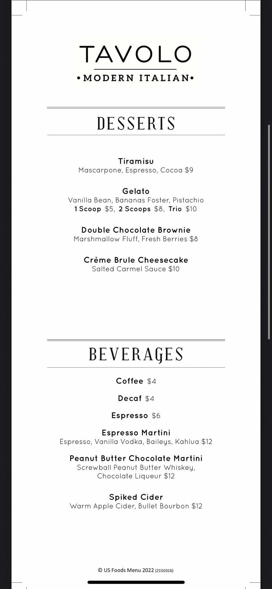 Menu at Tavolo Modern Italian restaurant, Sidney