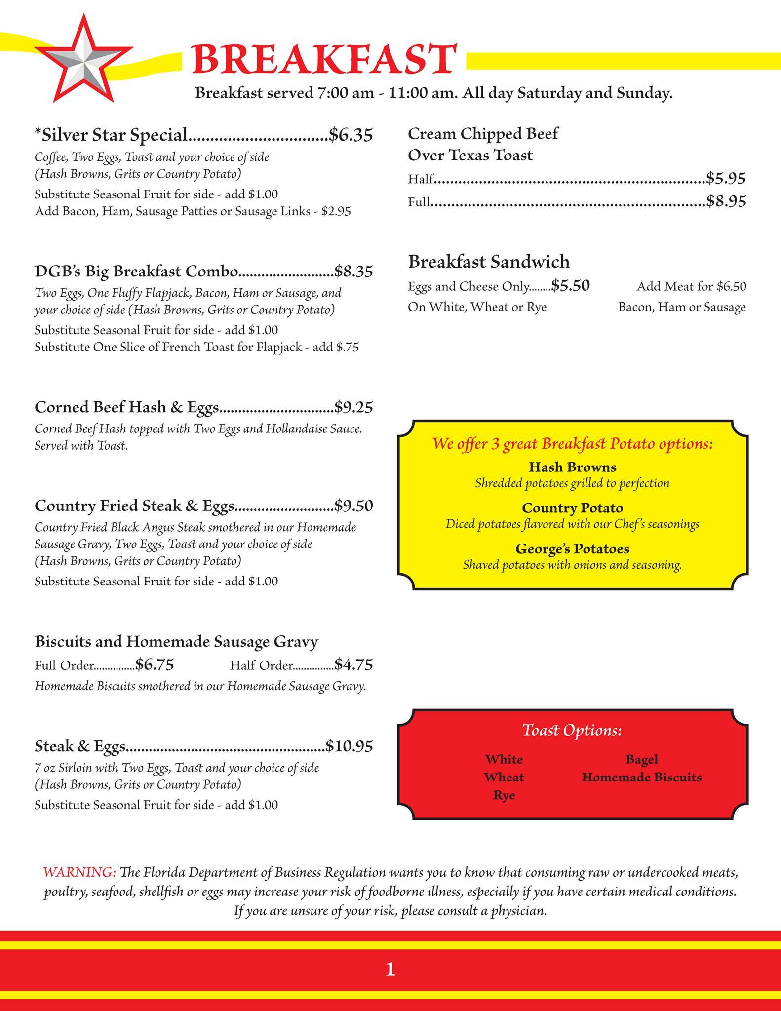 Menu at Silver Star East restaurant, Myakka City
