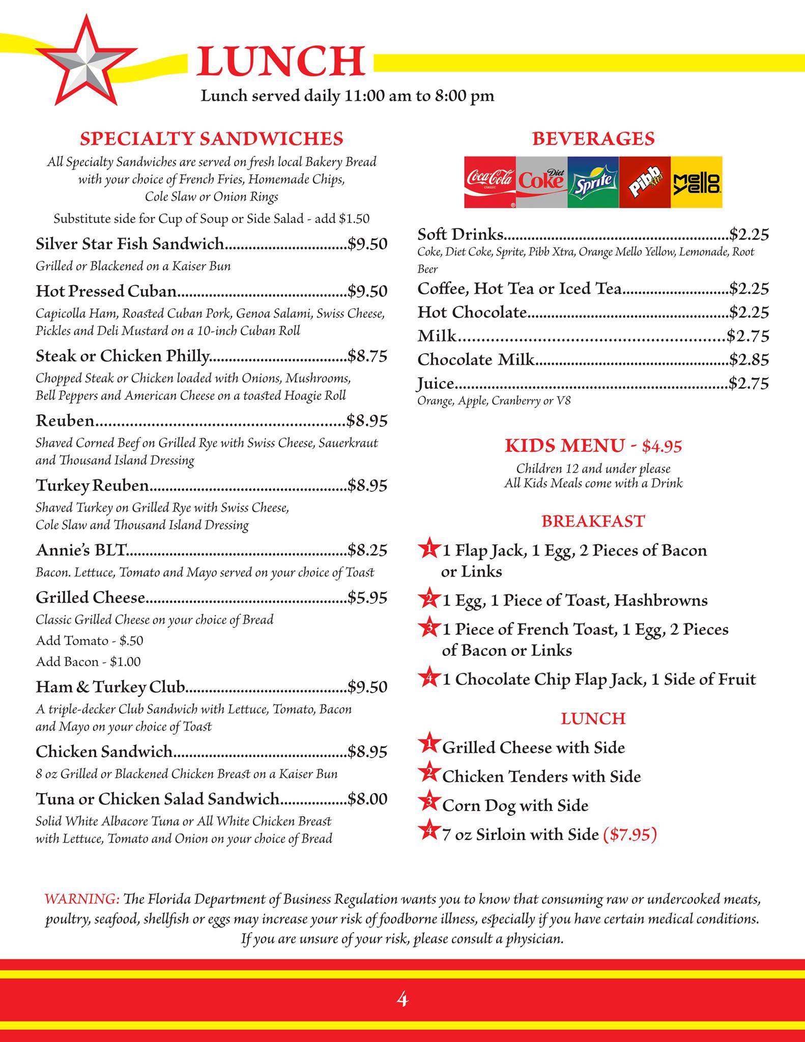 Menu at Silver Star East restaurant, Myakka City