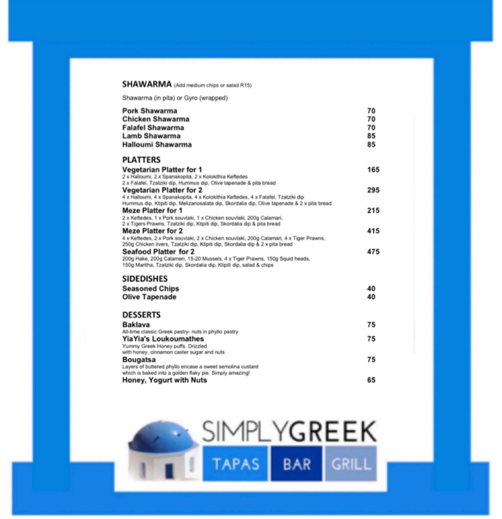 Menu at Simply Greek restaurant, Stellenbosch, 3 Plein St