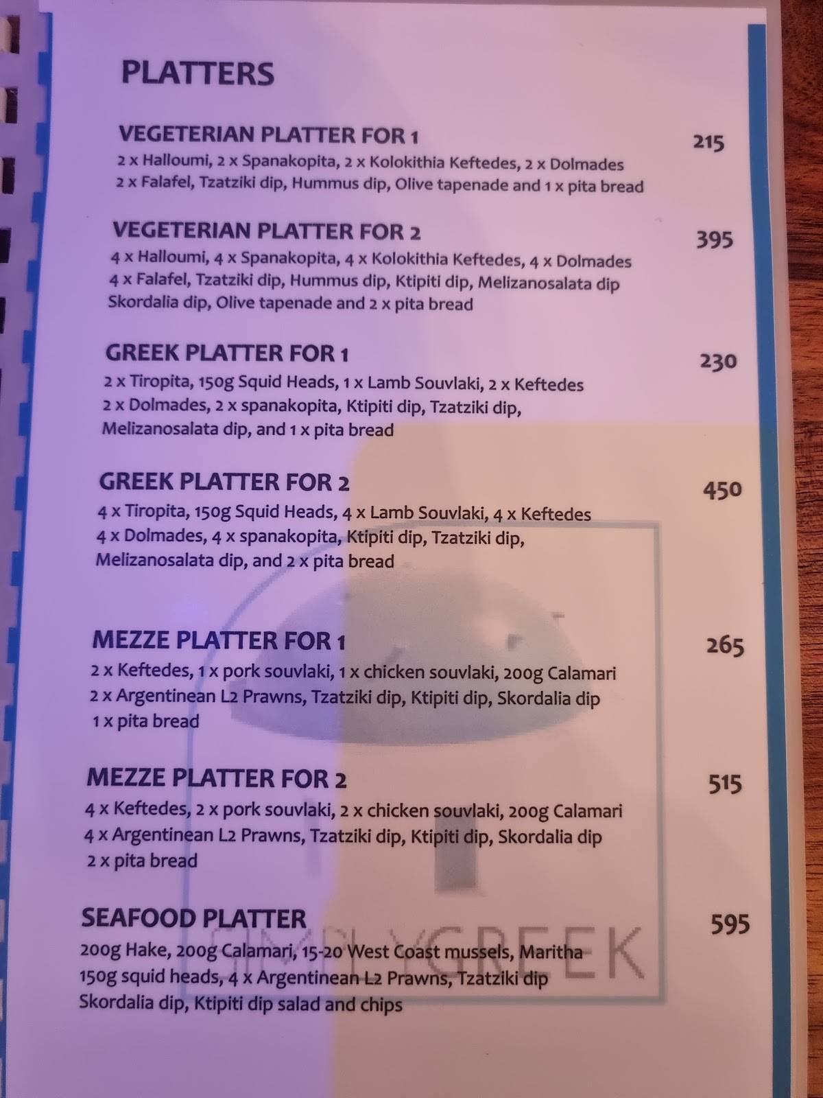 Menu at Simply Greek restaurant, Stellenbosch, 3 Plein St
