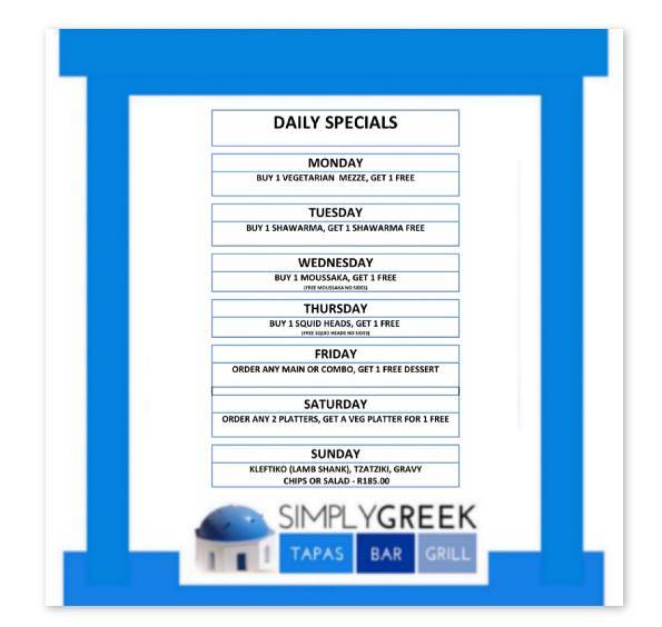 Menu at Simply Greek restaurant, Stellenbosch, 3 Plein St