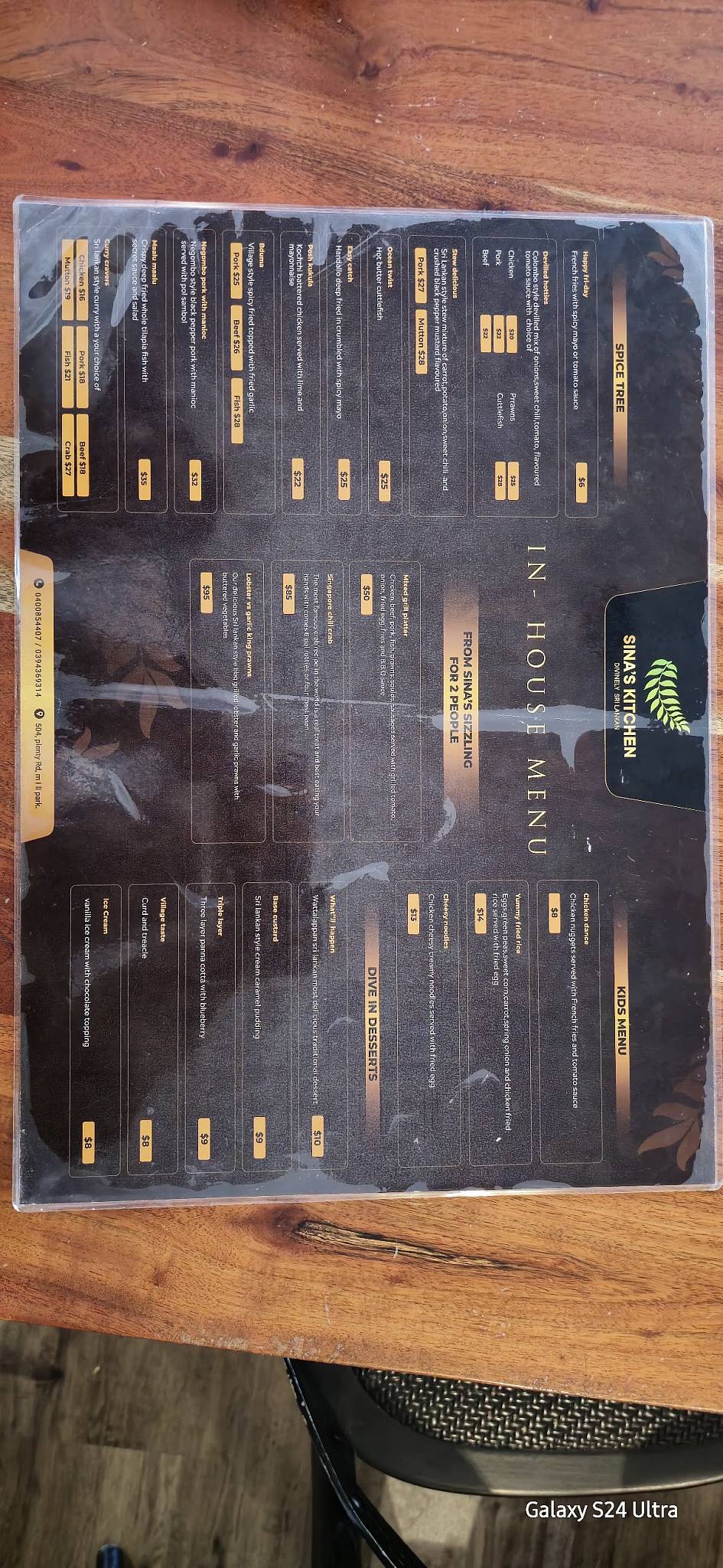 Menu at Sina’s Kitchen restaurant, Mill Park