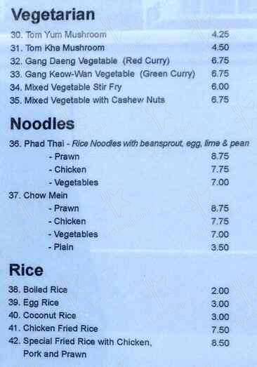 Menu at Singburi restaurant, London