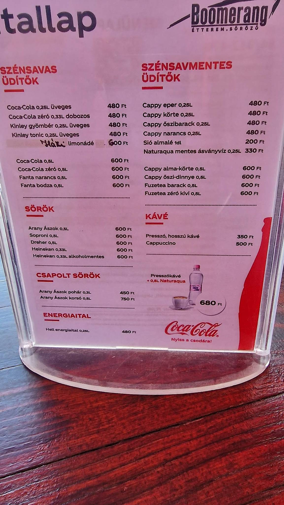 Menu at Boomeráng Étterem, Söröző restaurant, Siófok