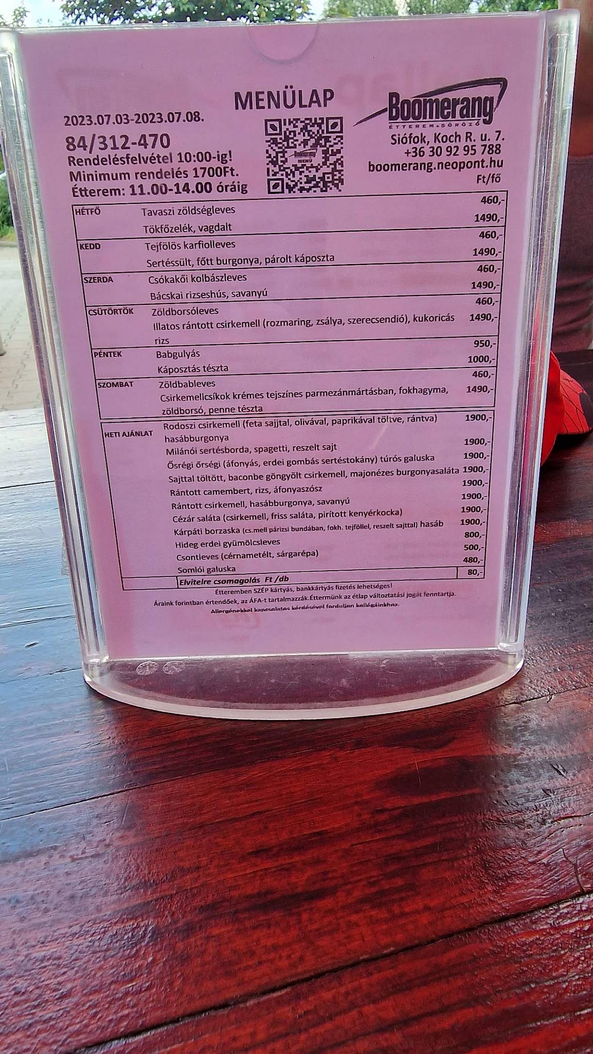 Menu at Boomeráng Étterem, Söröző restaurant, Siófok