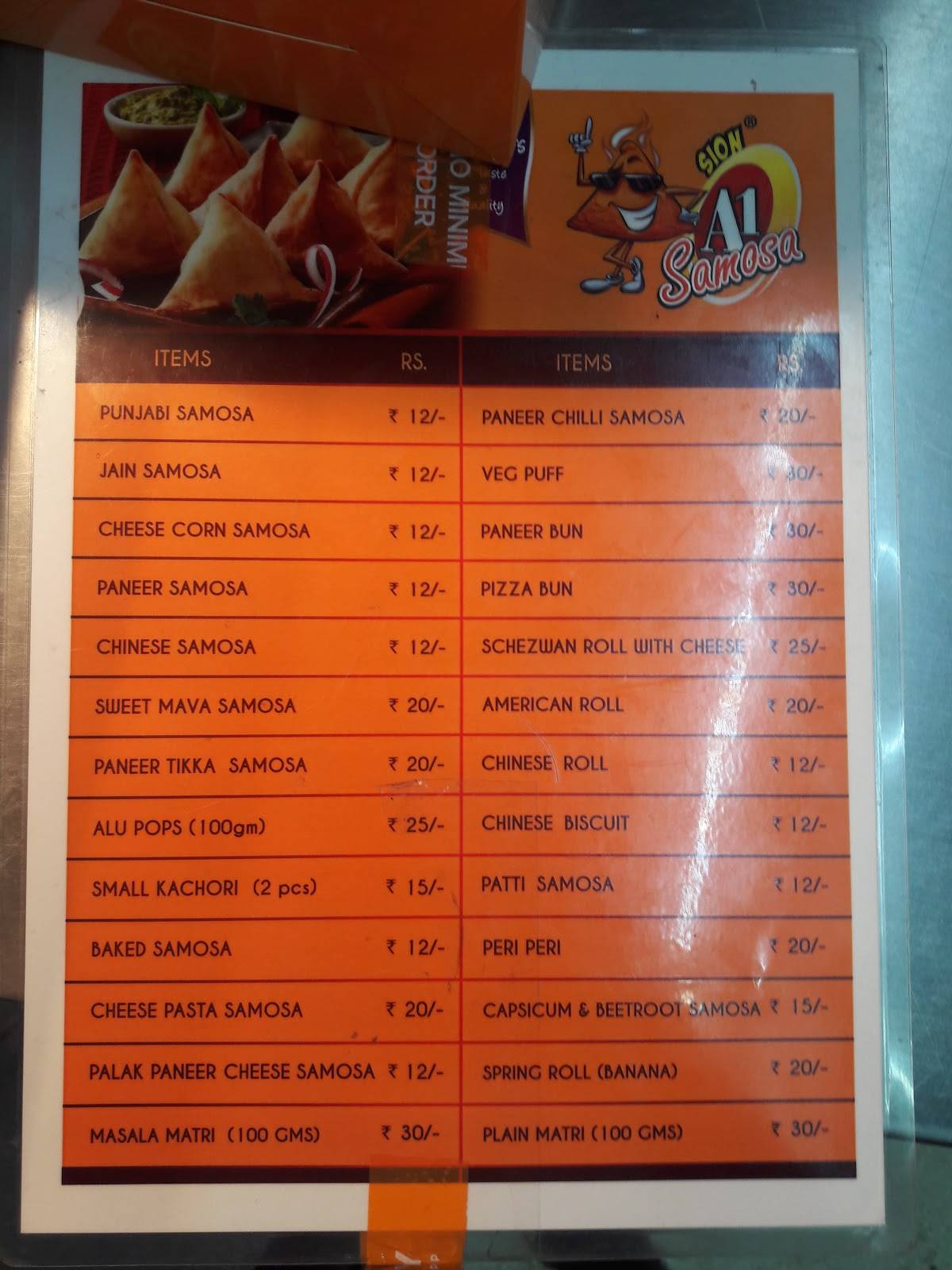 Menu at Sion A1 Samosa, Mumbai, Shop No. 11