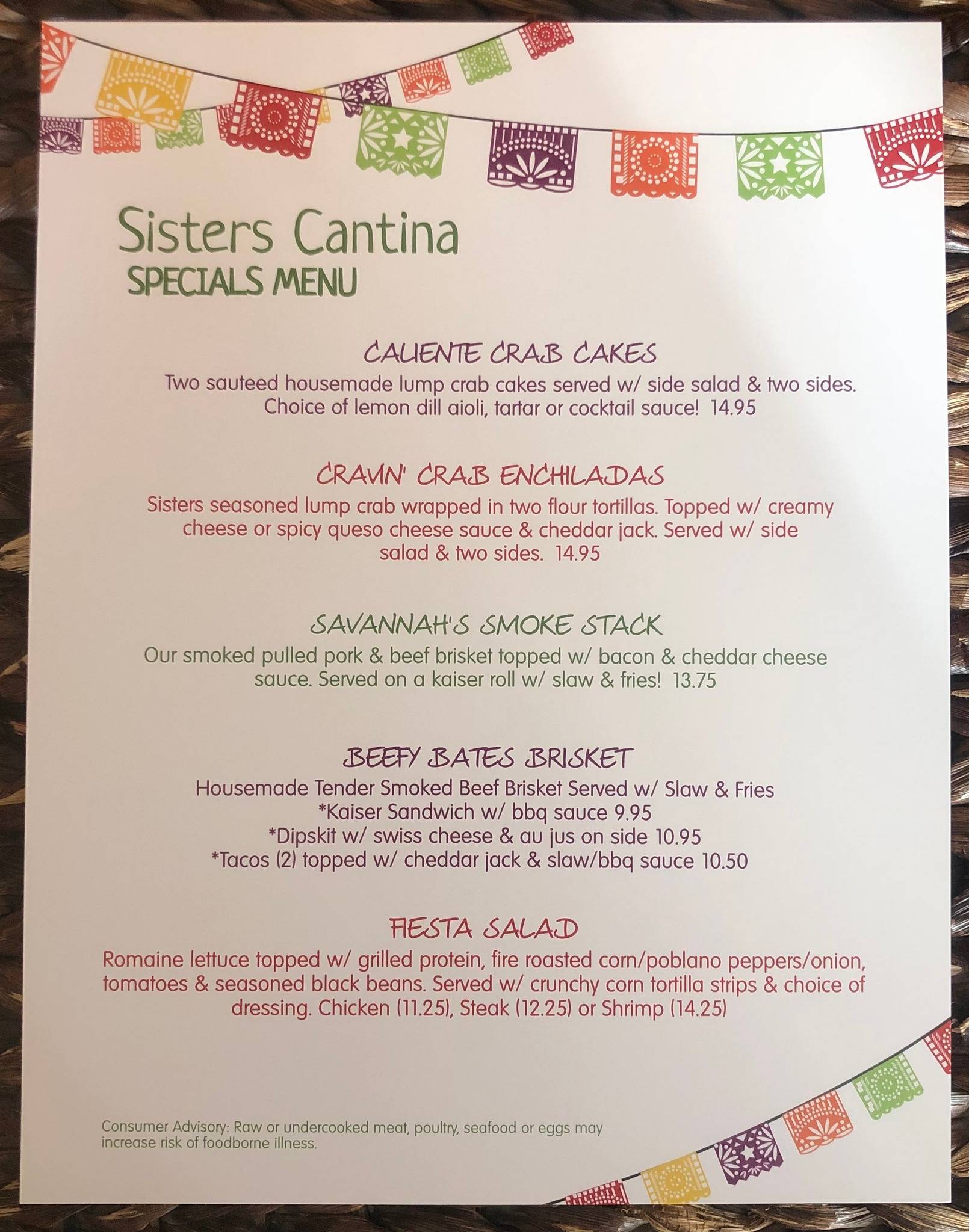 Menu at Sisters Cantina inc restaurant, Tamaqua