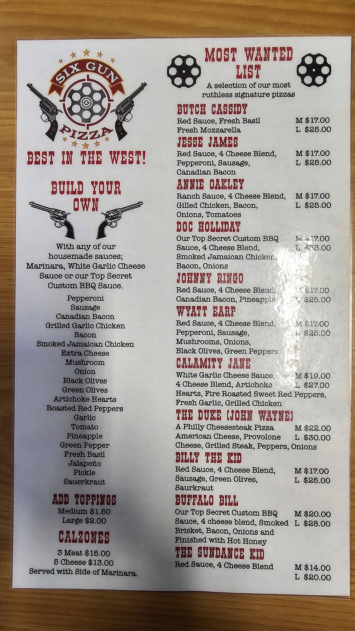 Menu at Six Gun Pizza pizzeria, Forsyth