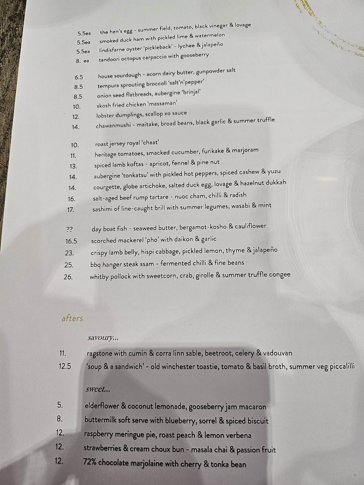 Menu at Skosh restaurant, York