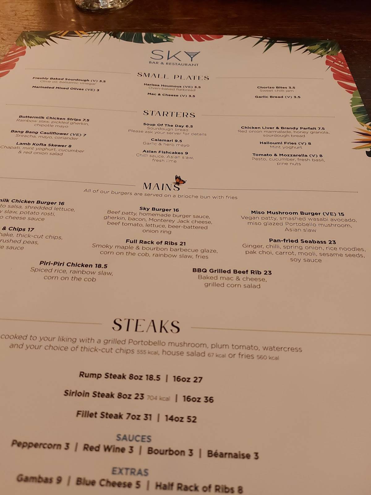Menu at Sky Bar & Restaurant, Birmingham