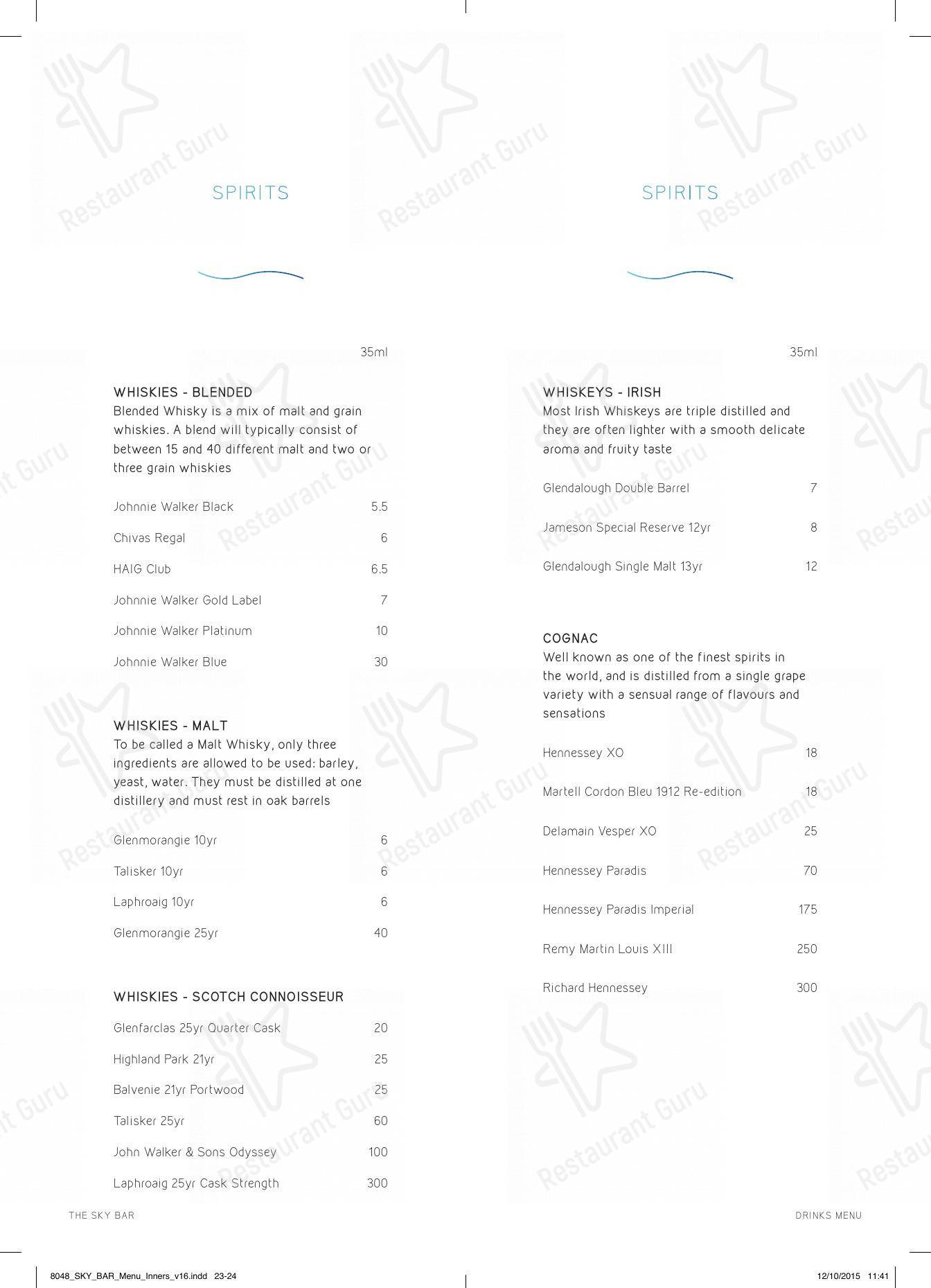 Menu at Sky Bar & Restaurant, Birmingham