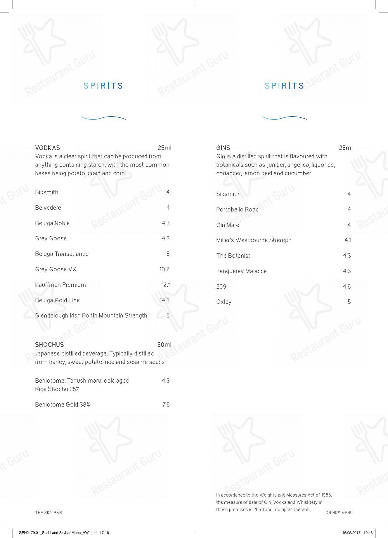 Menu at Sky Bar & Restaurant, Birmingham