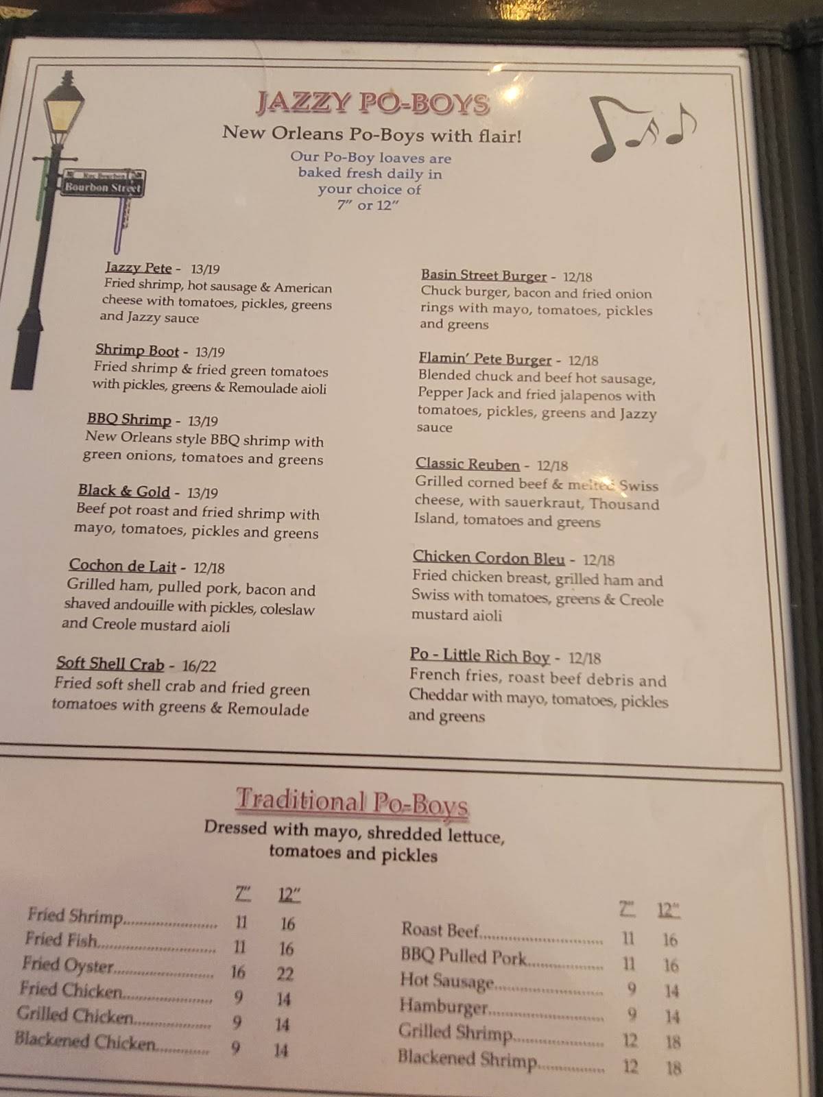 Menu at Jazzy Pete's Poboys restaurant, Slidell