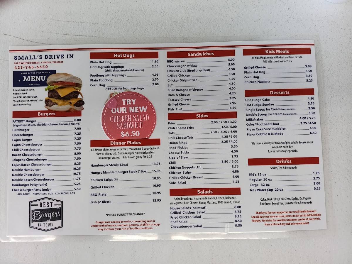 Menu at Small's Drive In restaurant, Athens