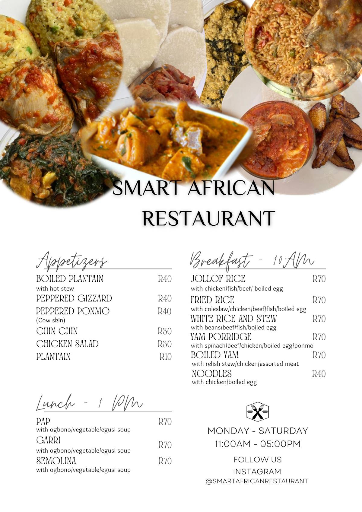 Menu at Smart African Food restaurant, Stellenbosch