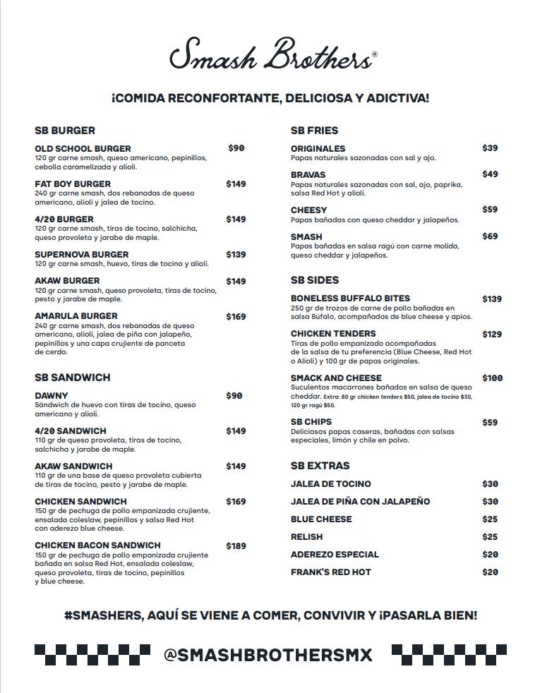 Menu at Smash Brothers Nader restaurant, Cancún
