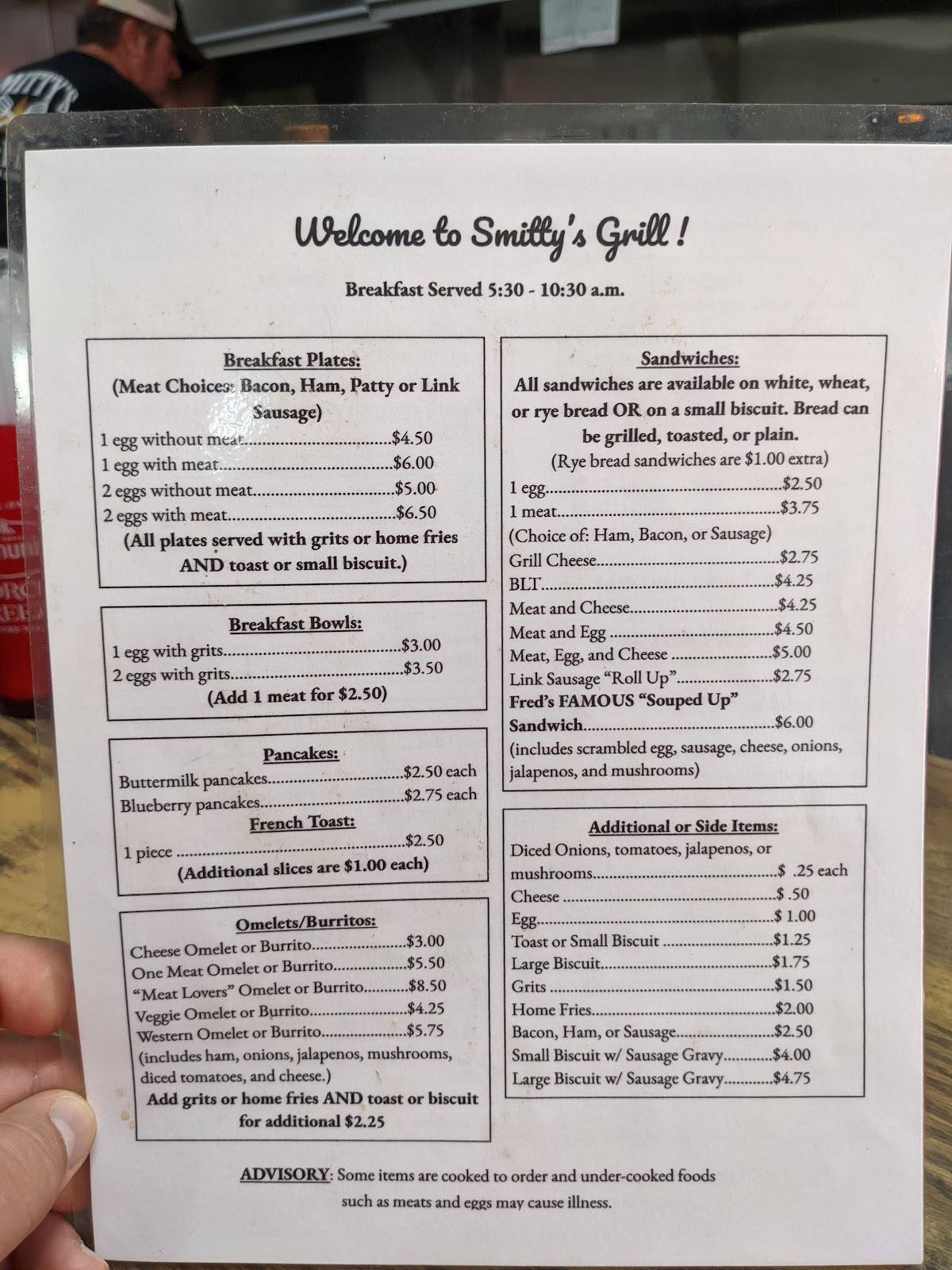 Menu at Smitty's Grill restaurant, Blakely, S Main St