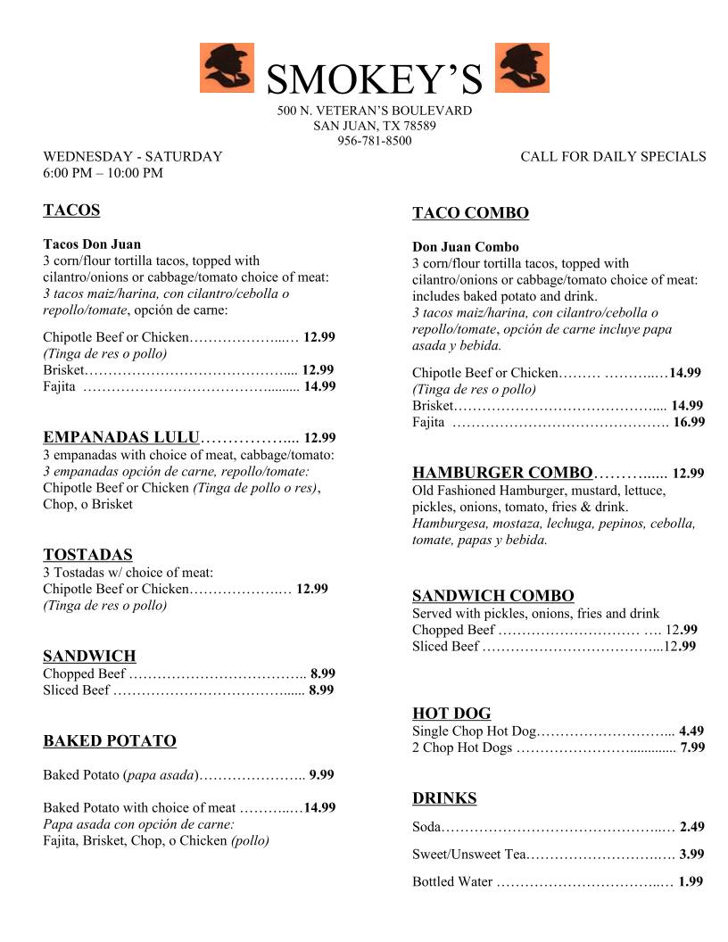 Menu at Smokey's Barbeque, San Juan, 500 N Veterans Blvd
