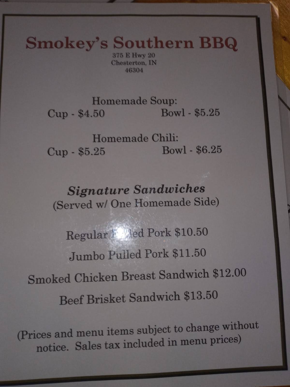 Menu at Smokey's Southern Barbeque, Chesterton, 375 US-20