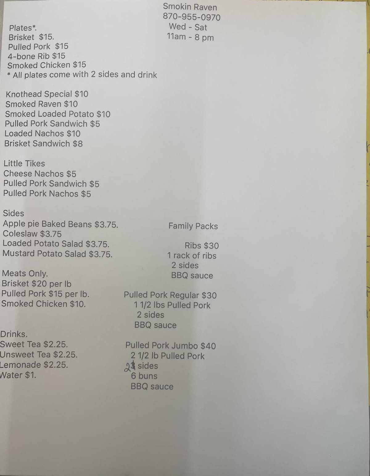 Menu at Smokin Raven restaurant, Ravenden