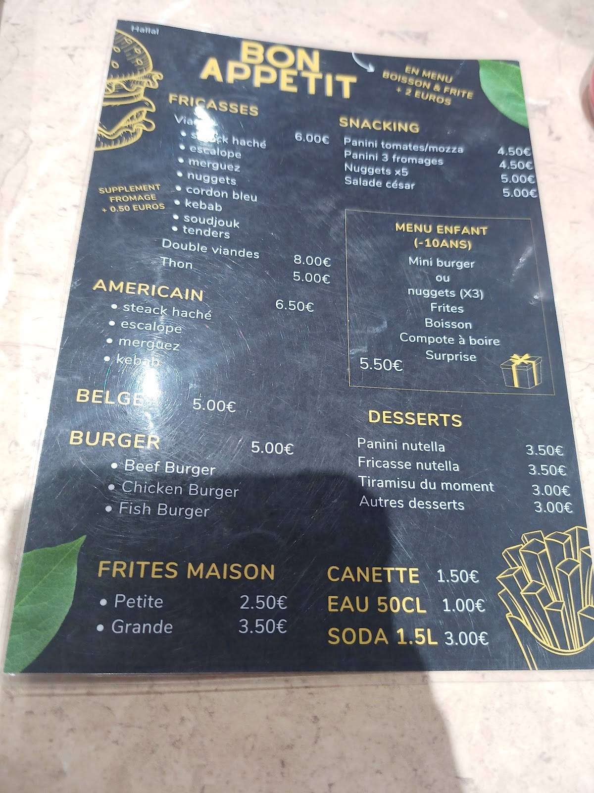 Menu au Snack fricasse « Chez Sam » restaurant, Voiron