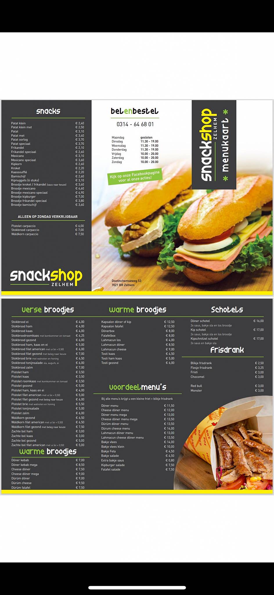 Menu at Snackshop Zelhem, Zelhem