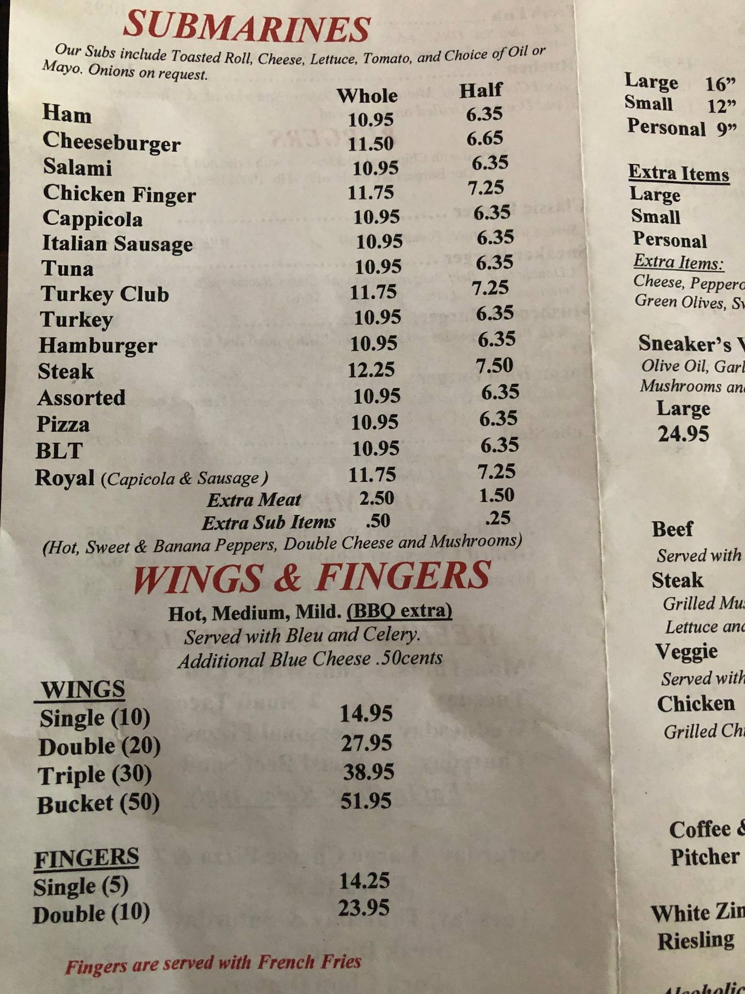 Menu at Sneakers bar, Blasdell