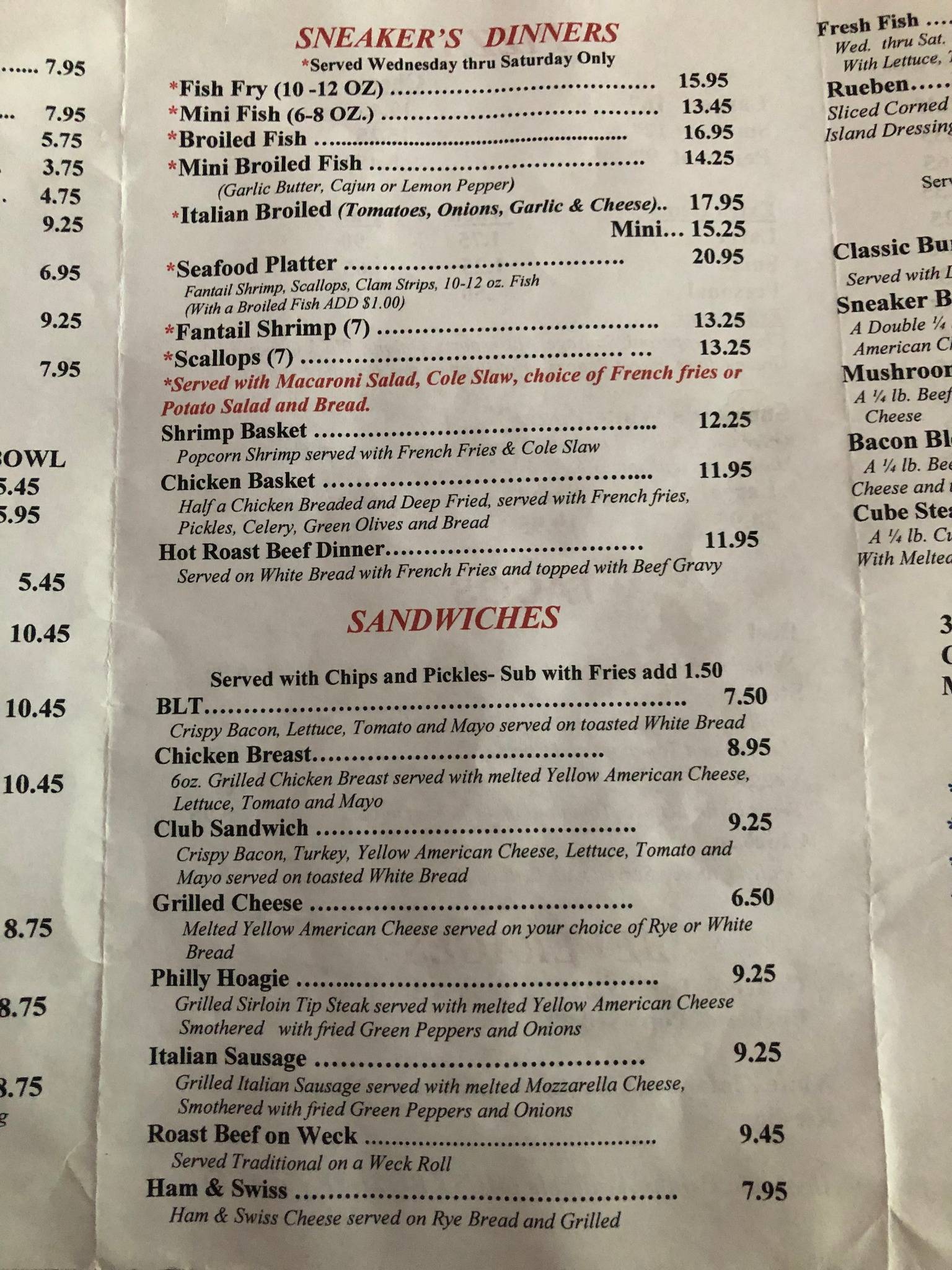 Menu at Sneakers bar, Blasdell