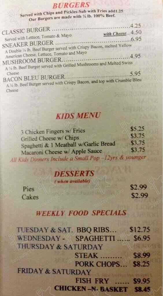 Menu at Sneakers bar, Blasdell