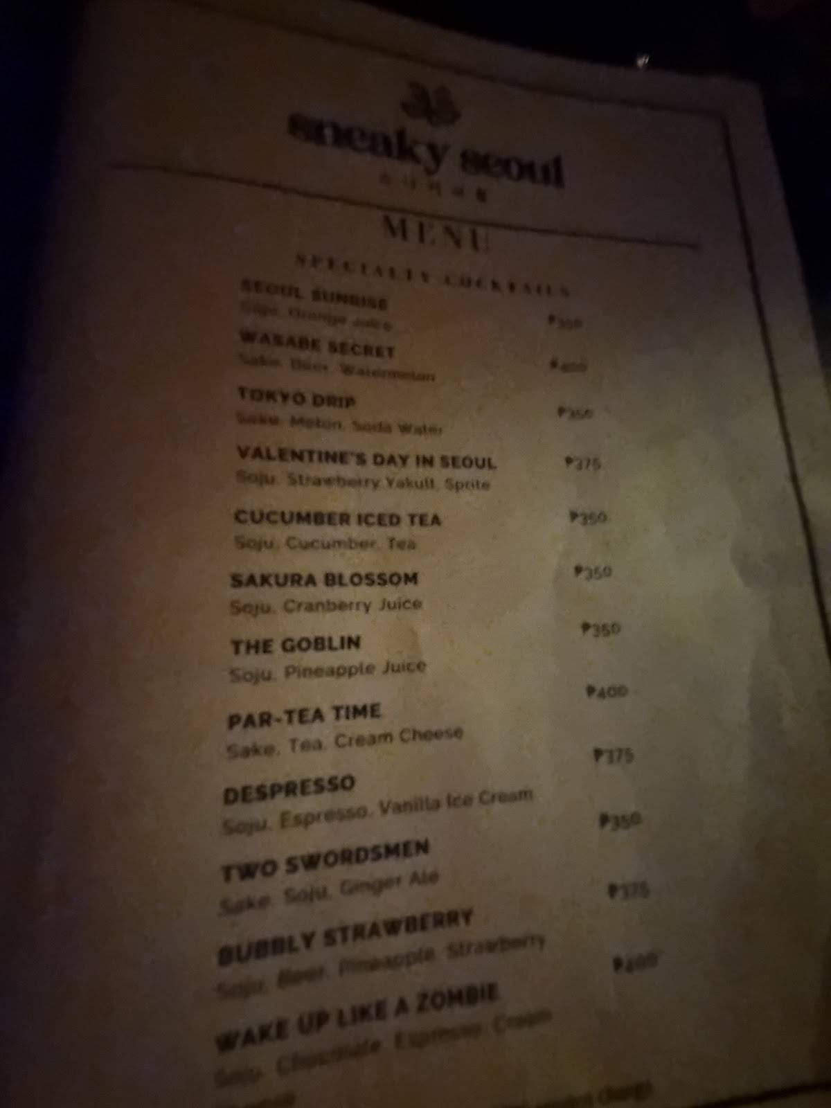 Menu at Sneaky Seoul pub & bar, Quezon City