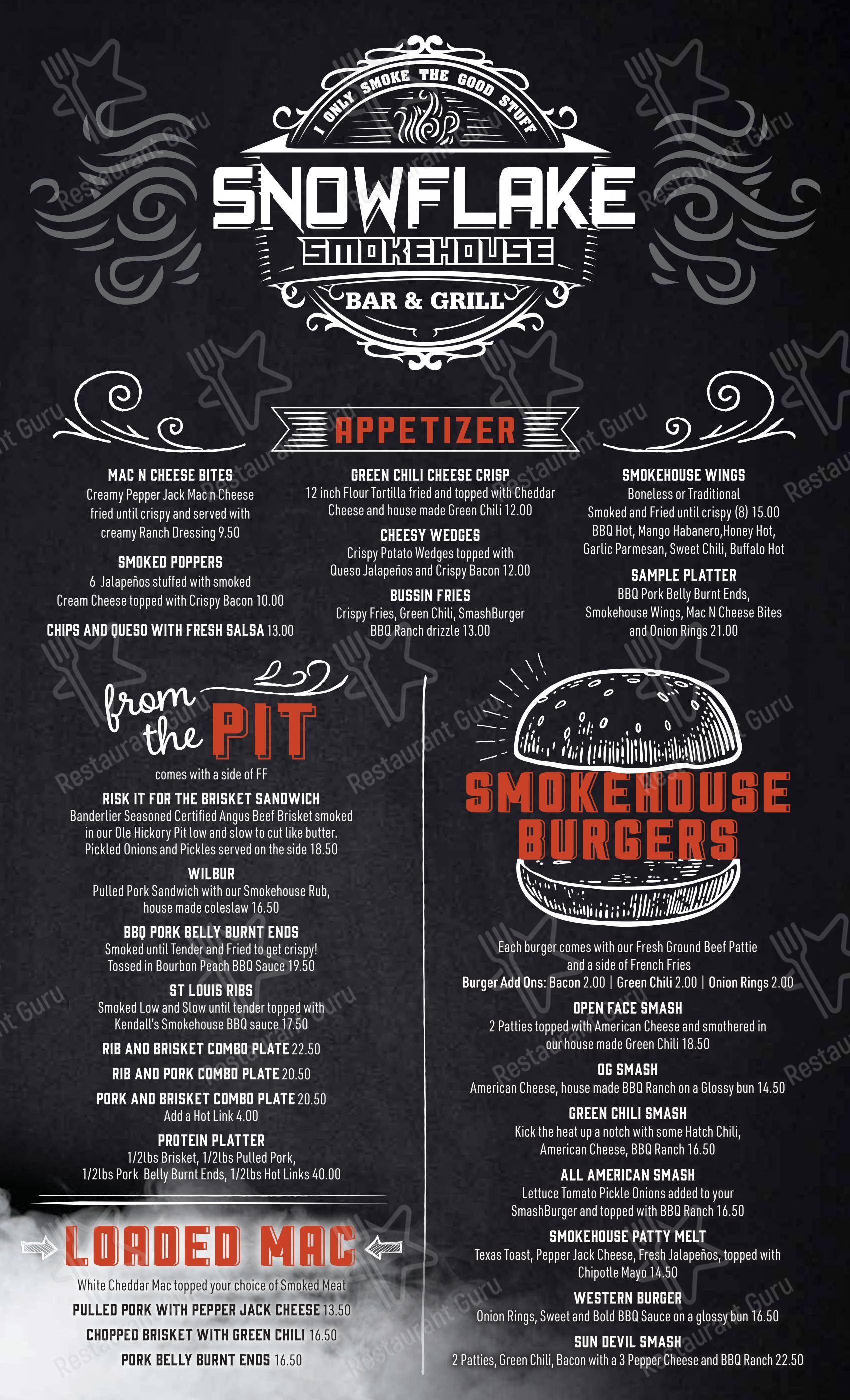 Menu at Snowflake Smokehouse Bar & Grill, Snowflake, 680 Main St