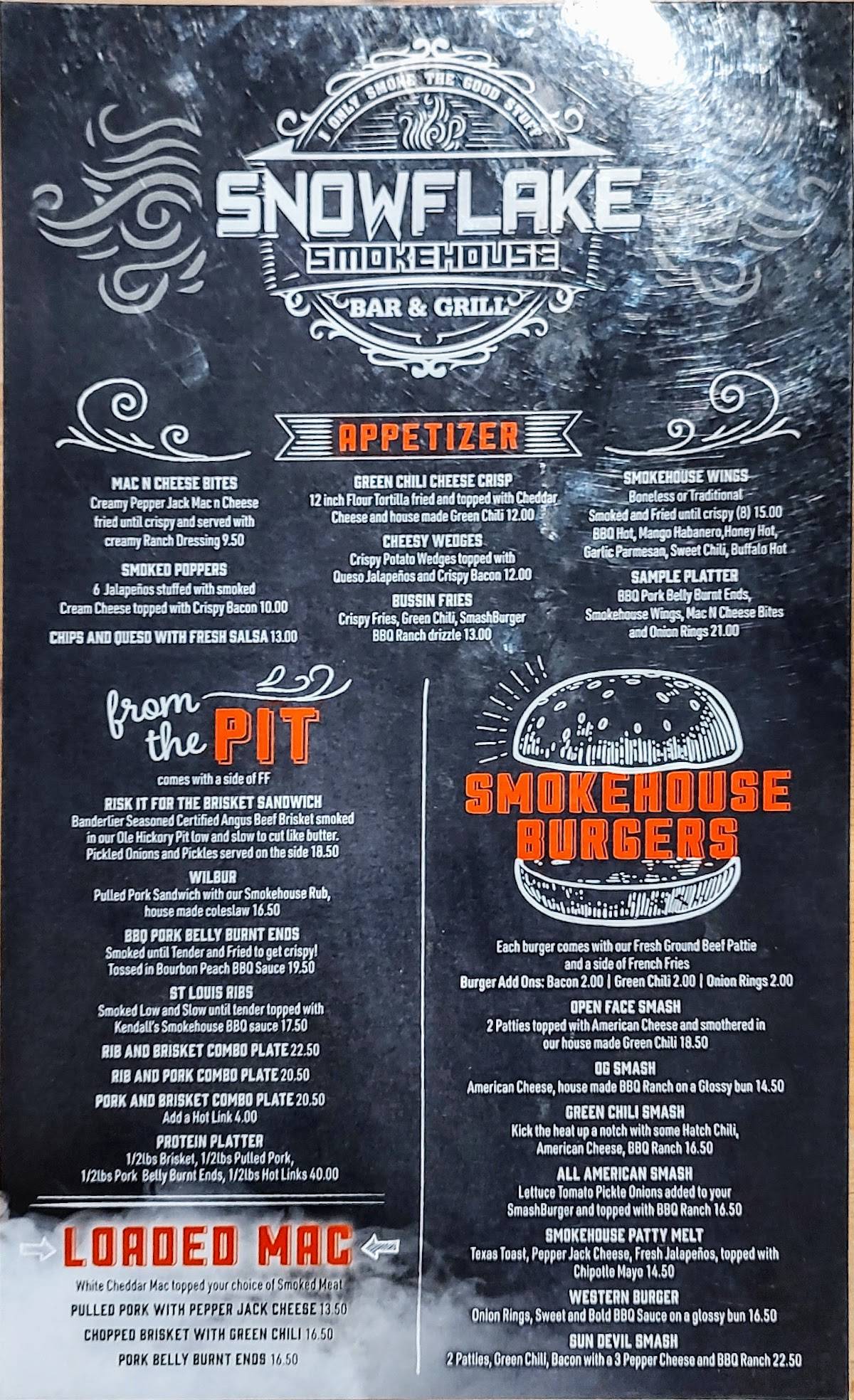 Menu at Snowflake Smokehouse Bar & Grill, Snowflake, 680 Main St