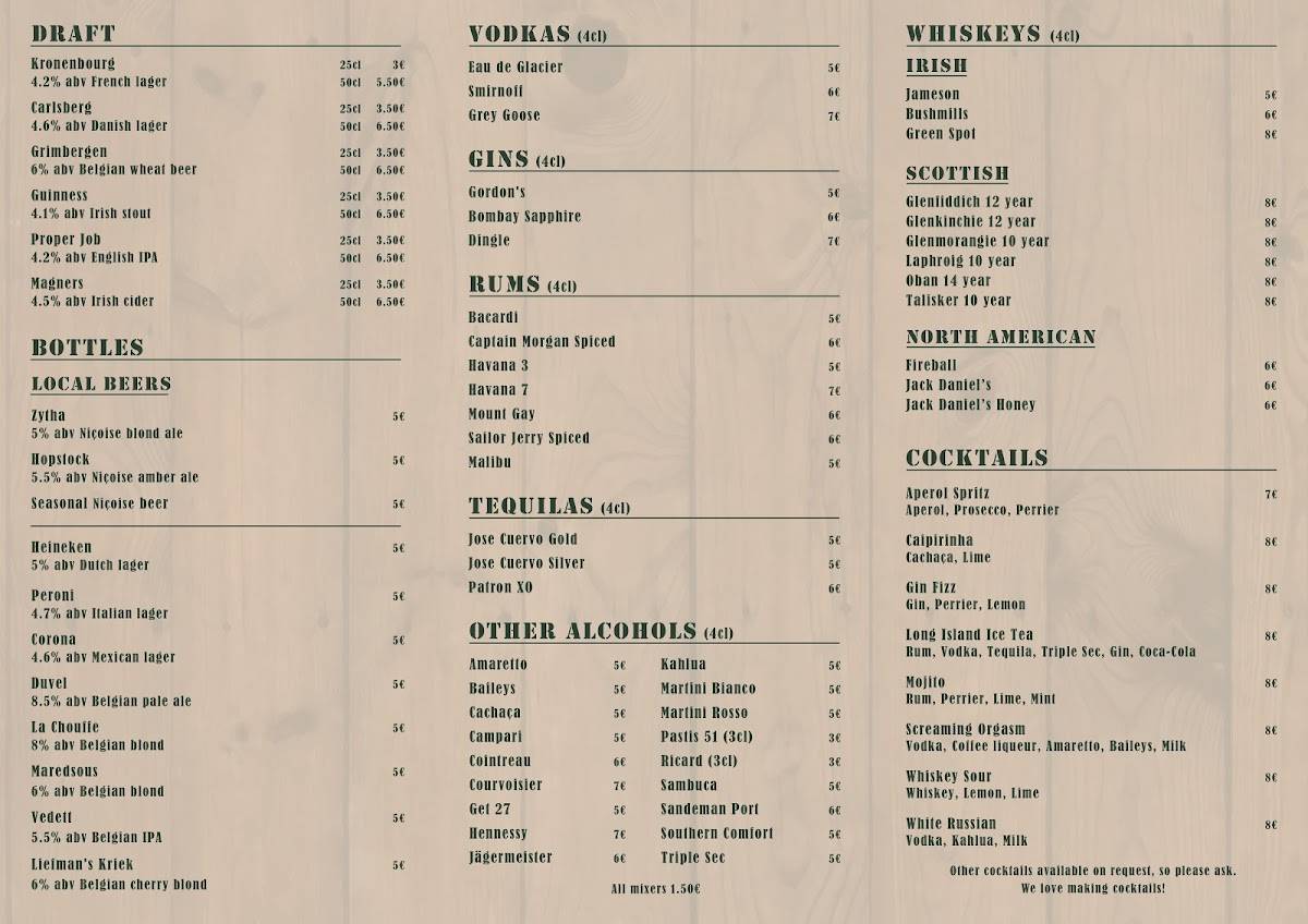 Menu at Snug And Cellar pub & bar, Nice