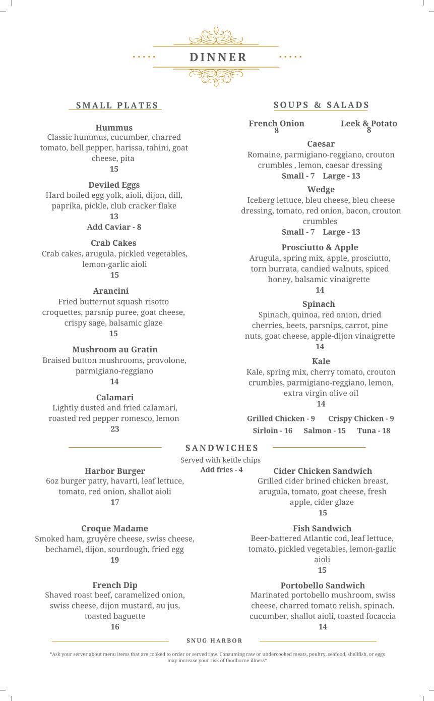 Menu at Snug Harbor restaurant, Grand Haven