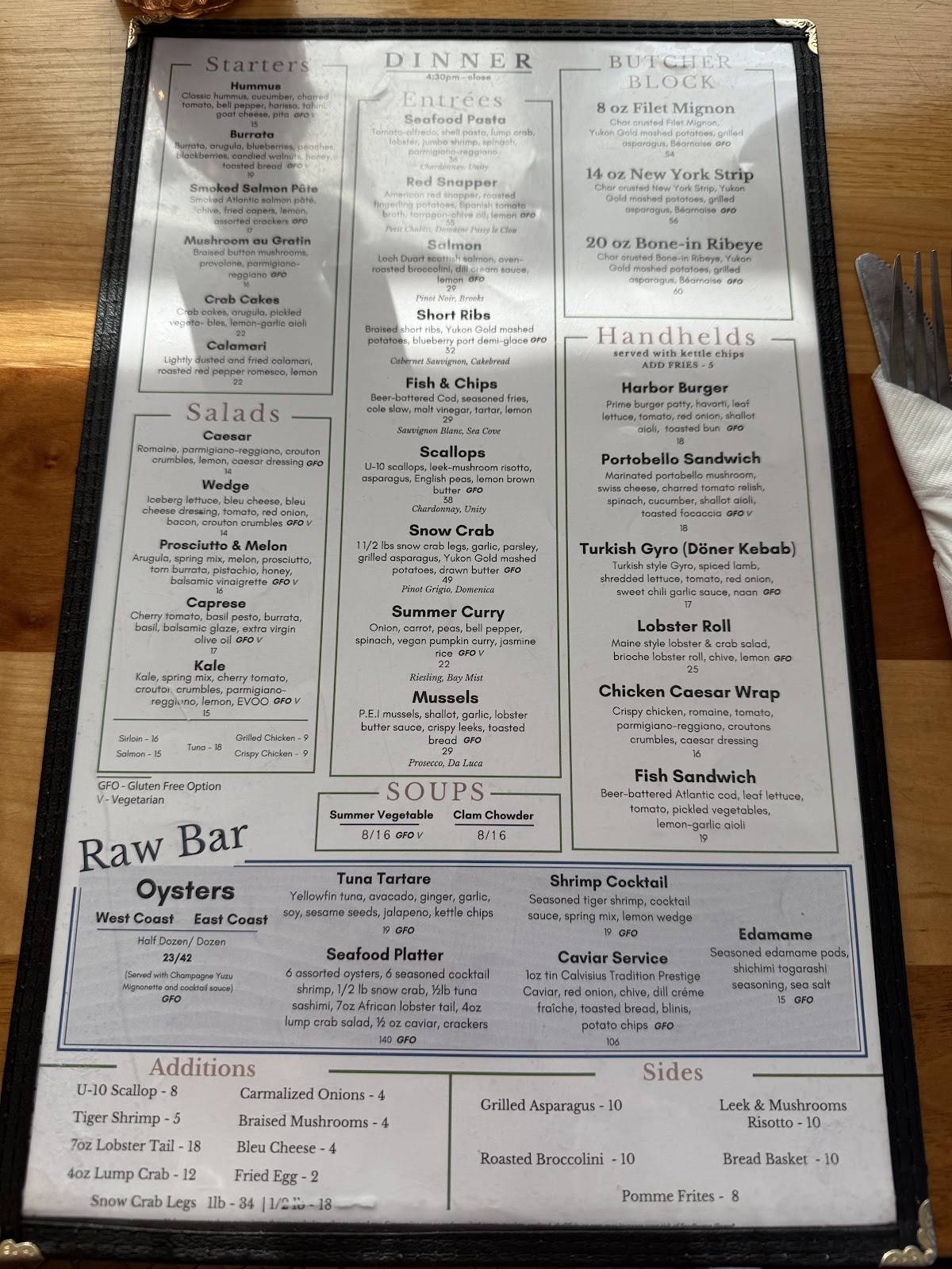 Menu at Snug Harbor restaurant, Grand Haven