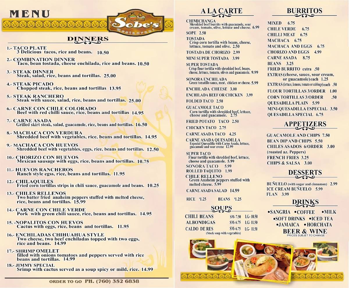 Menu at Sobe's restaurant, El Centro