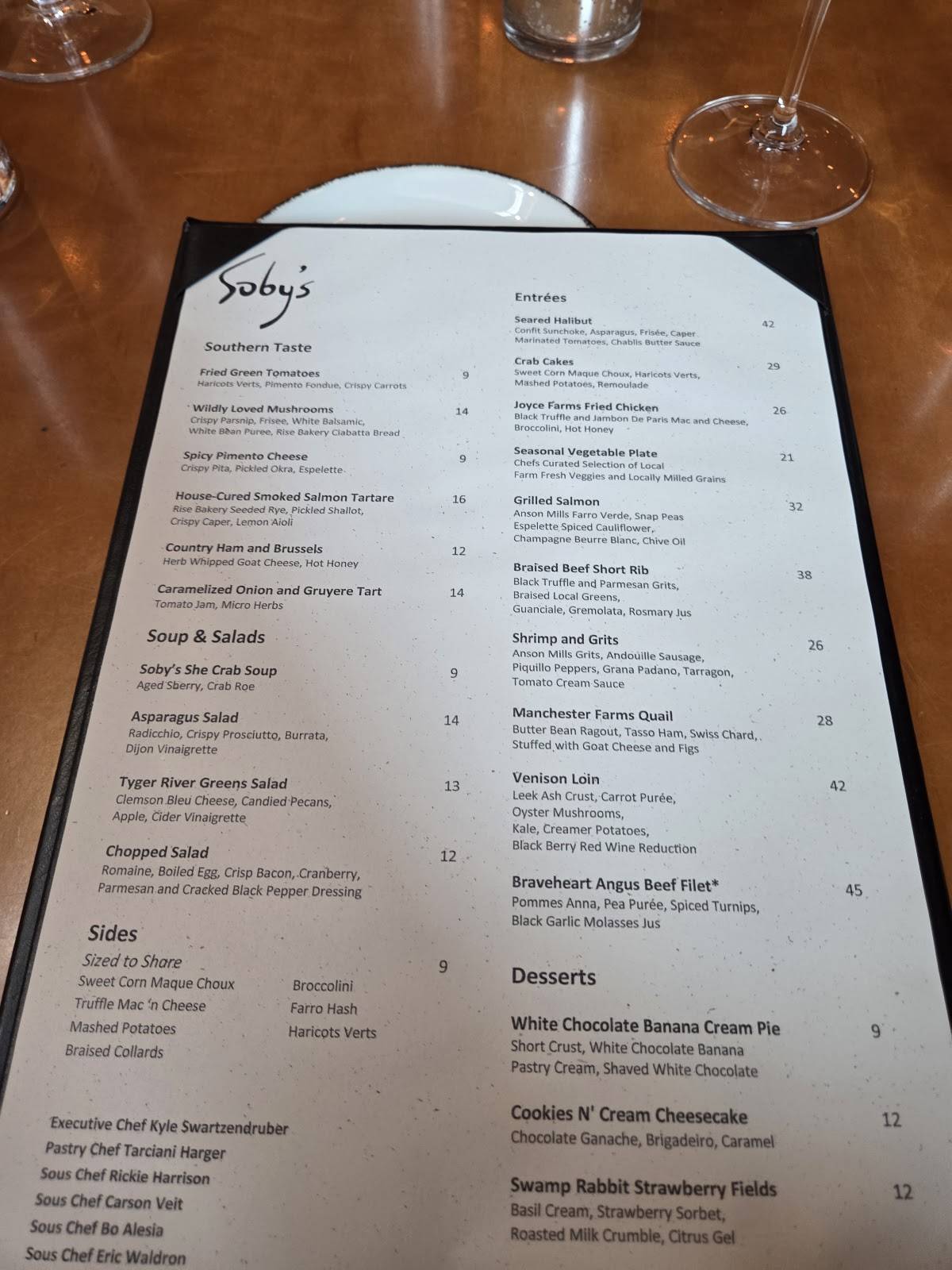 Menu at Soby's restaurant, Greenville