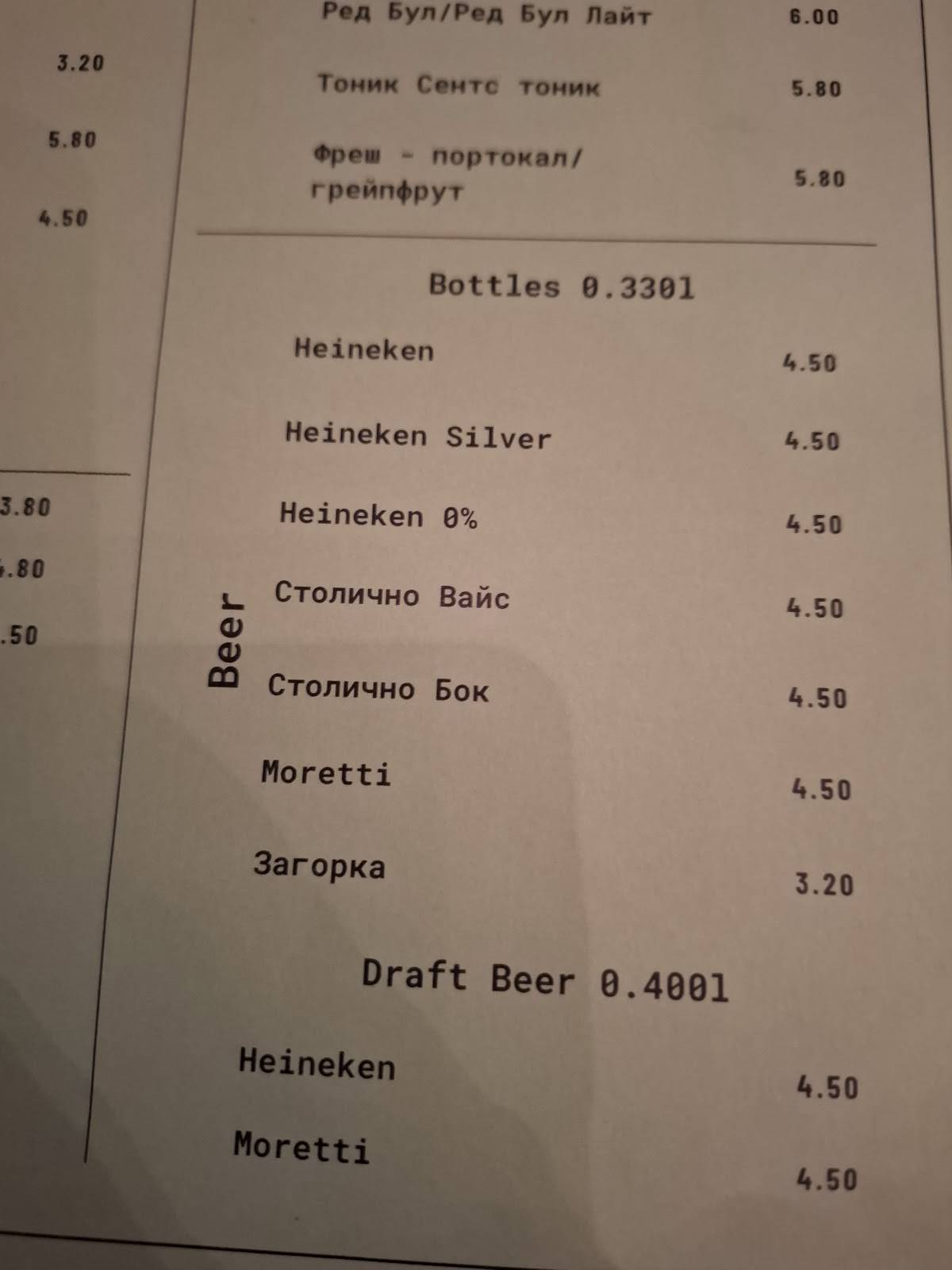 Menu at One More Park Bar, Sofia