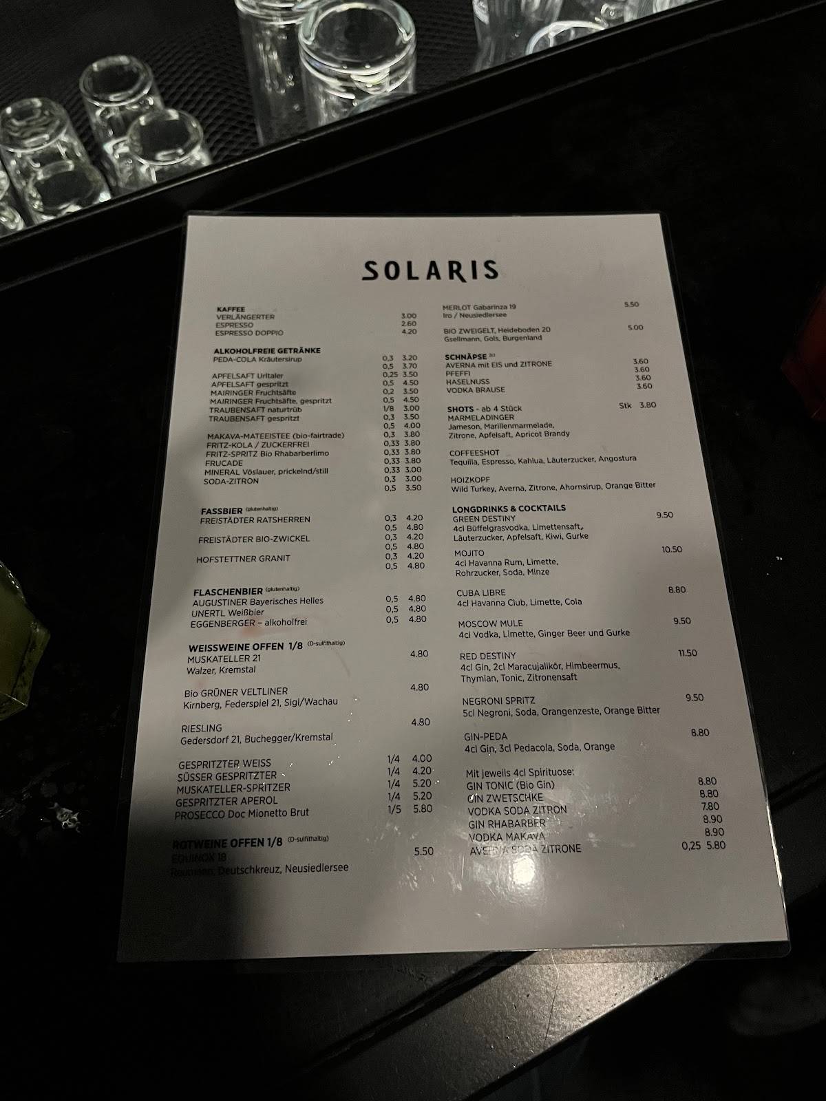 Menu at Solaris pub & bar, Linz
