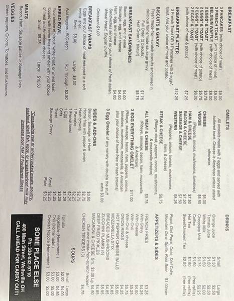 Menu at Some Place Else restaurant, Wellsville, 400 Main St