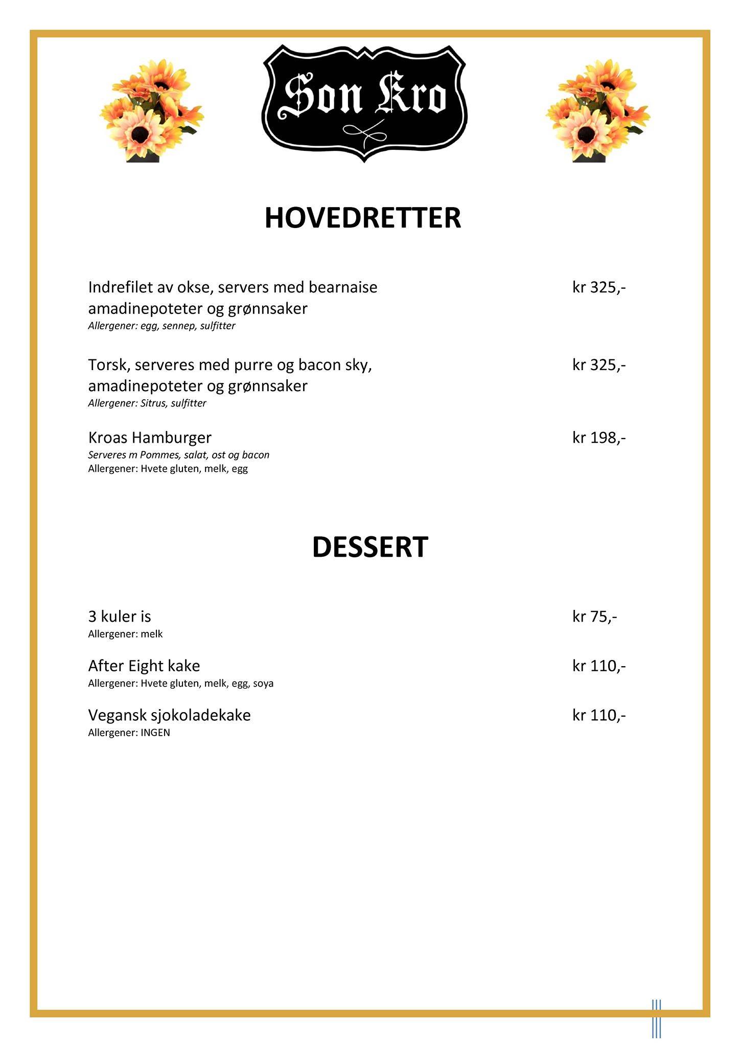 Menu at Son Kro - Bar & Restaurant, Son