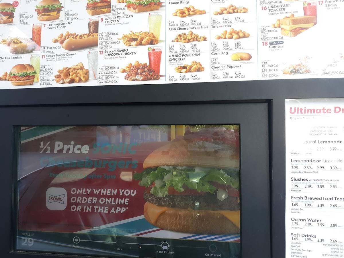 Menu at Sonic Drive-In fast food, Harriman, N Roane St