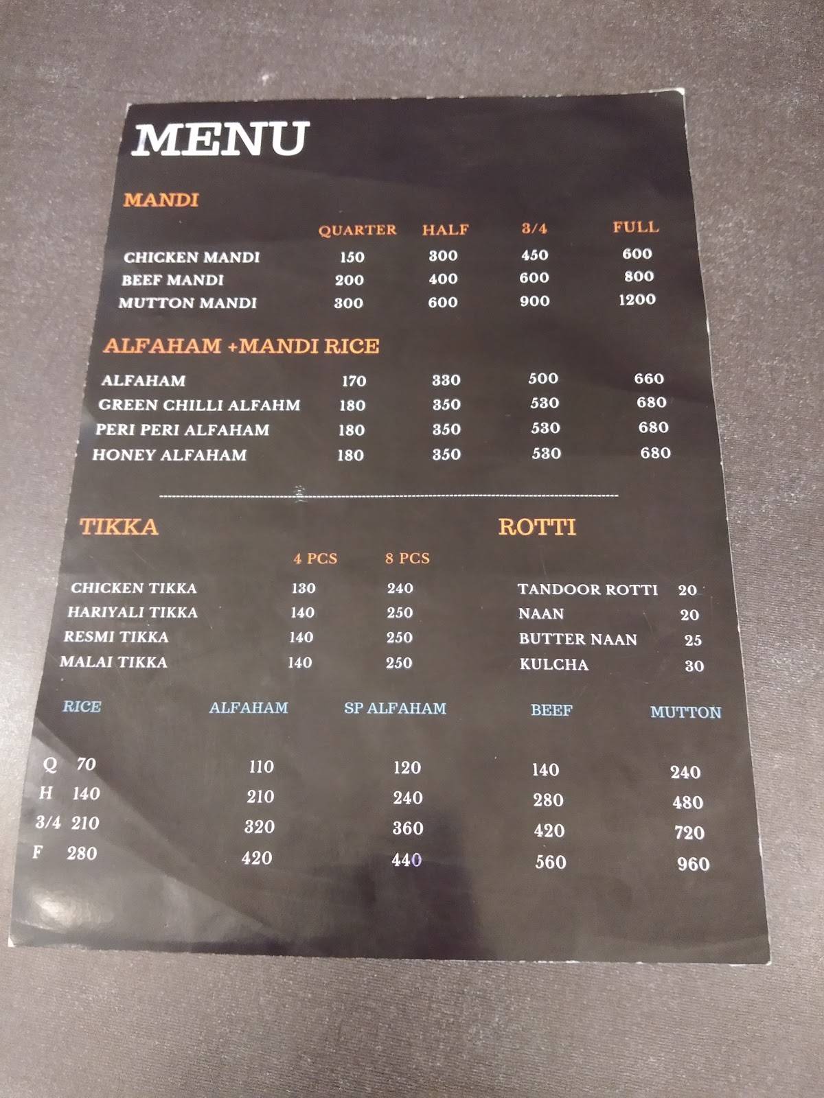 Menu at Soofi Mandi, Thrissur