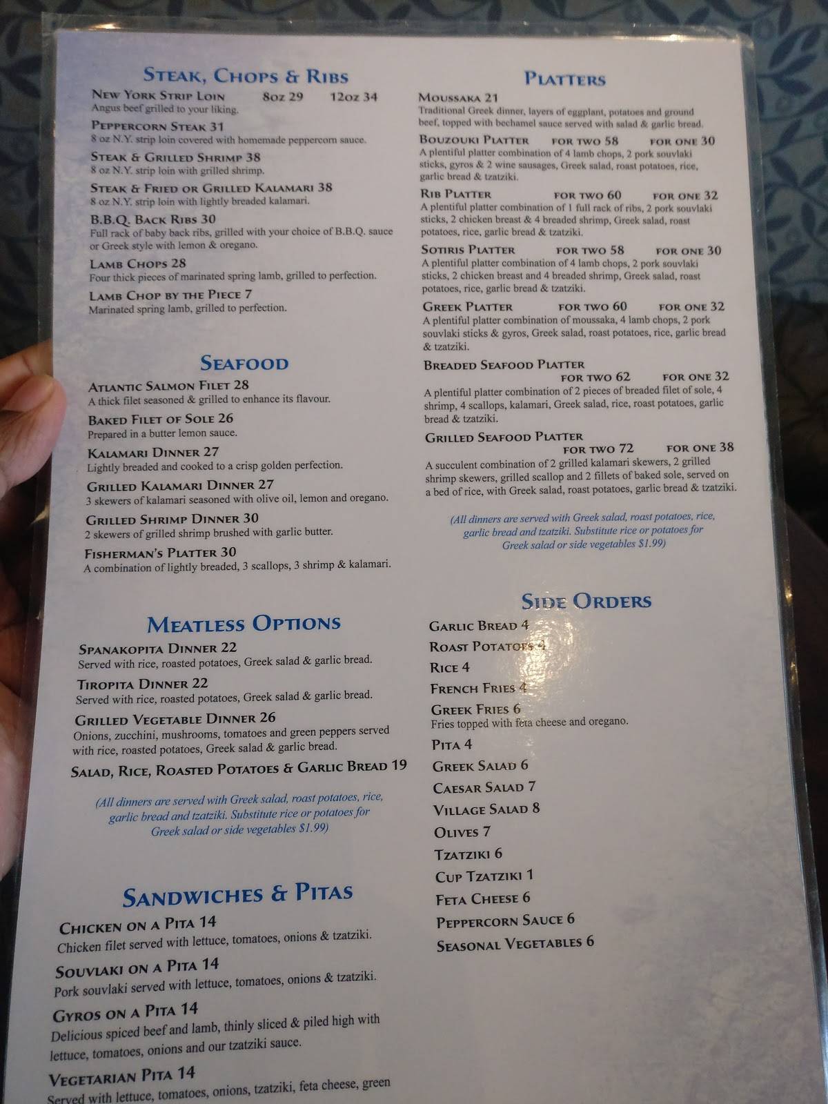 Menu at Sotiris Greek Restaurant, Burlington